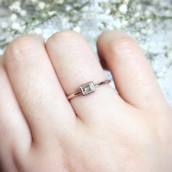 14K 0.15CT Baguette Diamond Solitaire Ring Baguette Diamond Ring Simple Ring Dainty Ring Solitaire Ring Rose Gold Tiny Ring Etsy