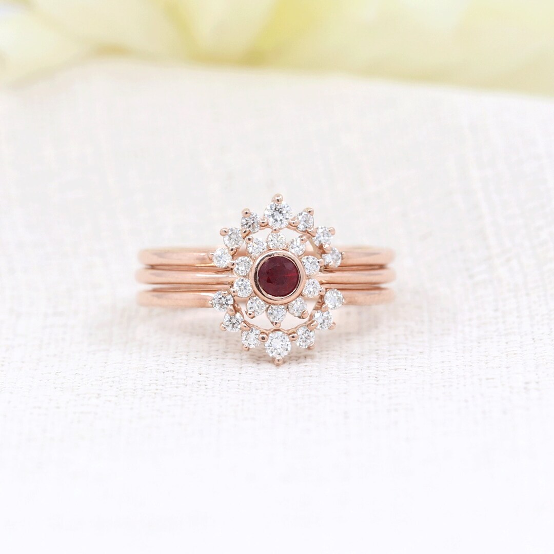 14K Ruby Diamond Flower Engagement 3 Ring Set / Ruby Wedding Ring ...