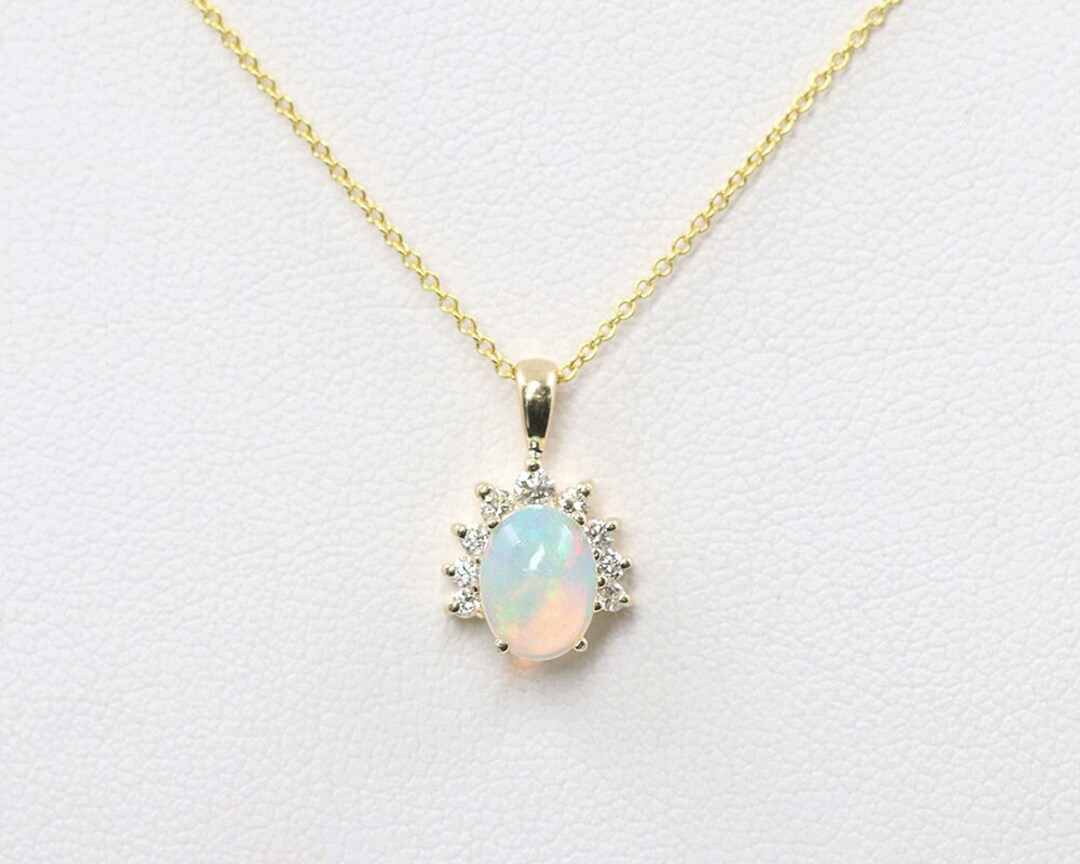 14K Oval Opal Diamond Necklace / Diamond Necklace / Natural Opal Necklace / Opal Pendant ...