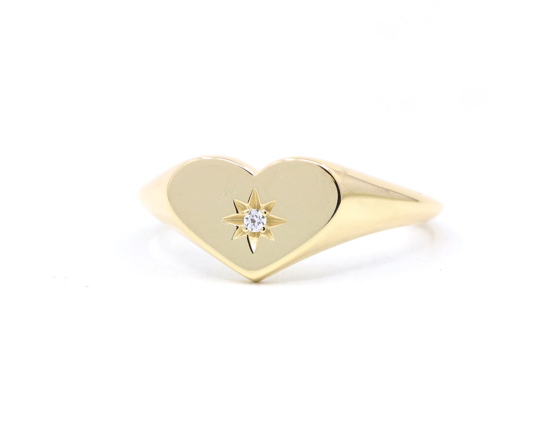 14K Diamond Heart Signet Band / Diamond Ring / Signet Ring / Heart Ring ...