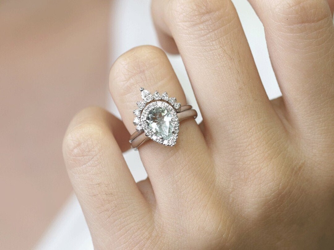 14K Green Amethyst Diamond Band Ring Set / Green Amethyst Ring ...