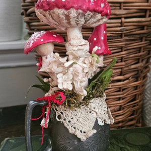 MUSHROOM BABY Assemblage, Handmade Cotton Mushrooms,moss ,fairy Garden ...