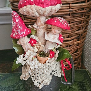 MUSHROOM BABY Assemblage, Handmade Cotton Mushrooms,moss ,fairy Garden ...