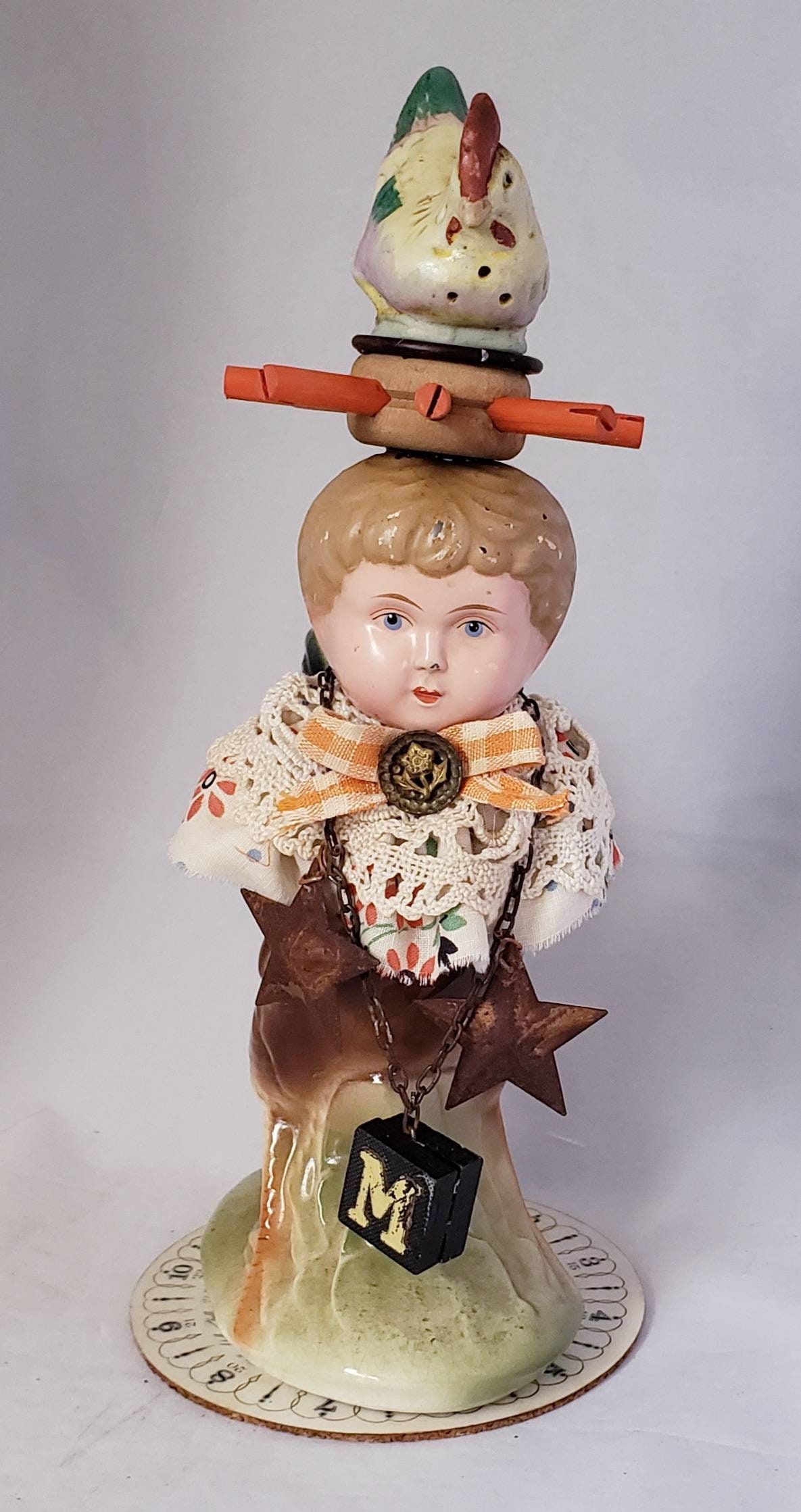 Minerva ~ Anthropomorphic Chicken , Altered Doll Head Assemblage ...