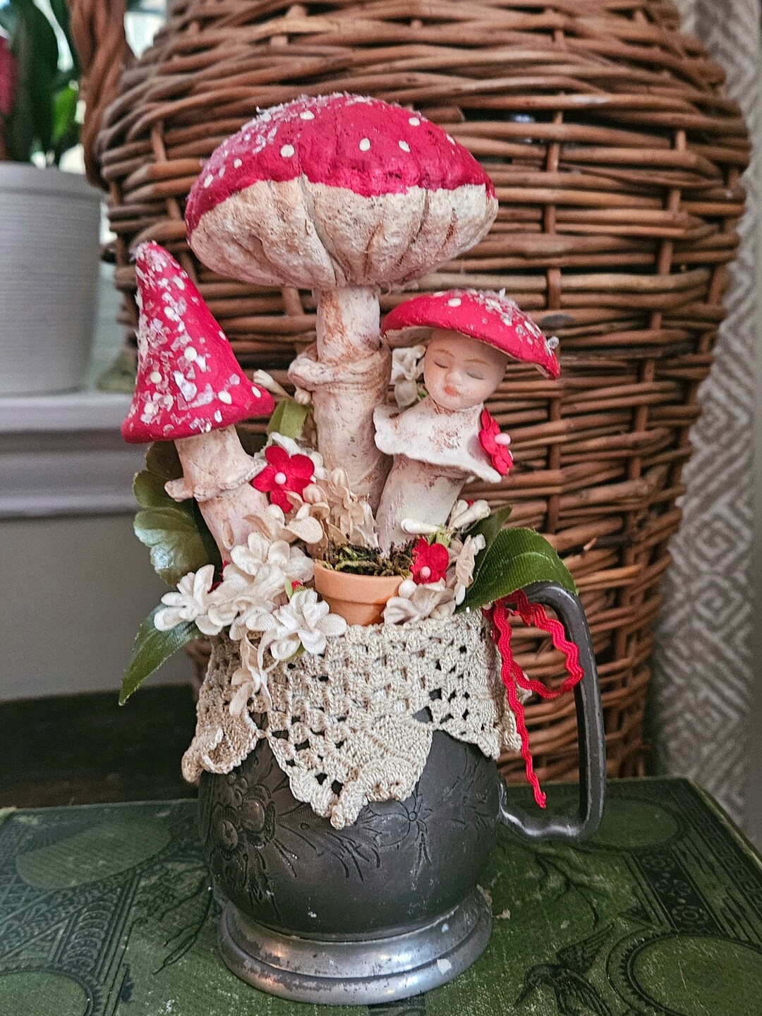 MUSHROOM BABY Assemblage, Handmade Cotton Mushrooms,moss ,fairy Garden ...