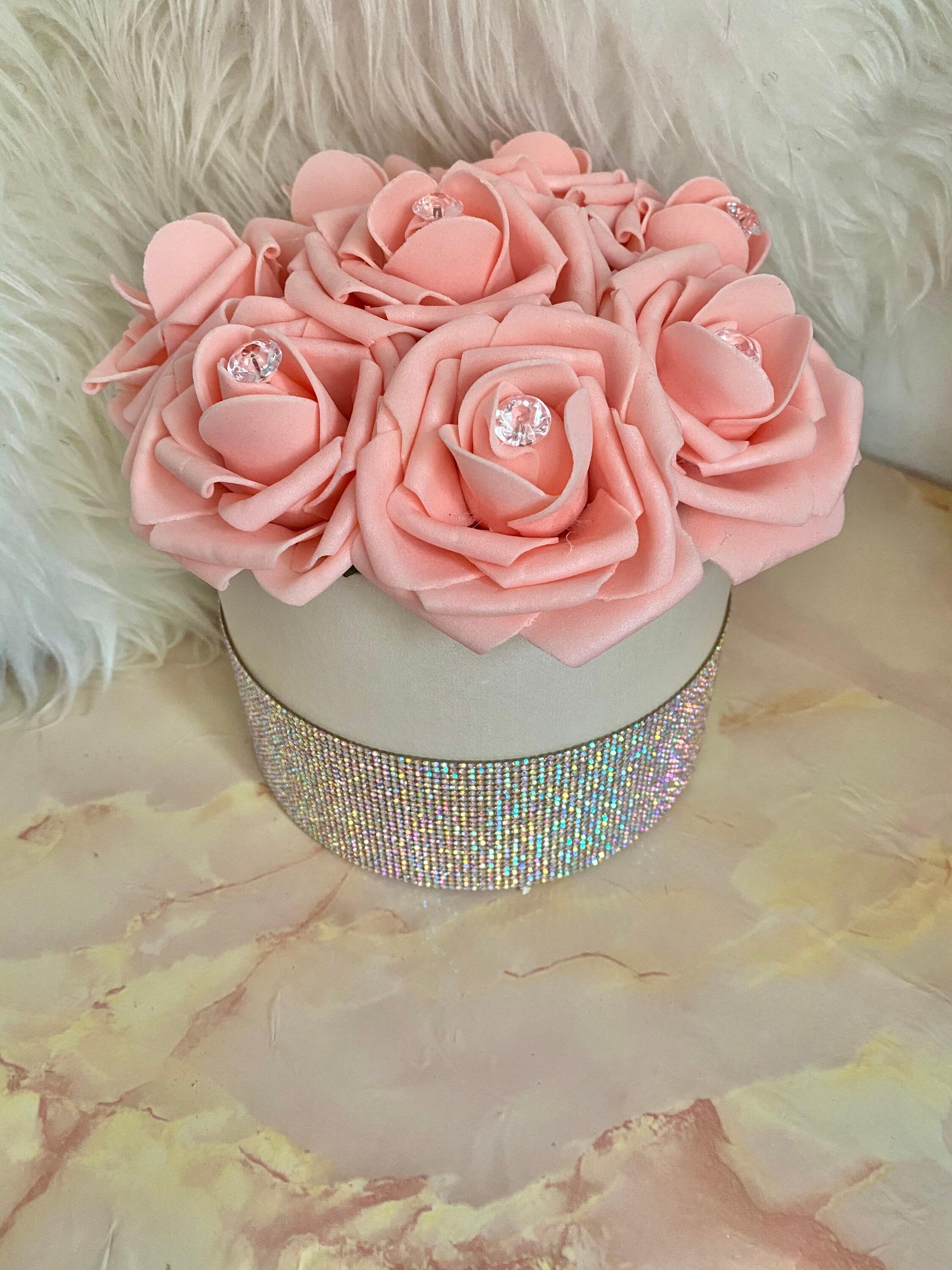Luxury Romantic Pink Roses Hat Box, Diamanté Flower Box Home Decor ...