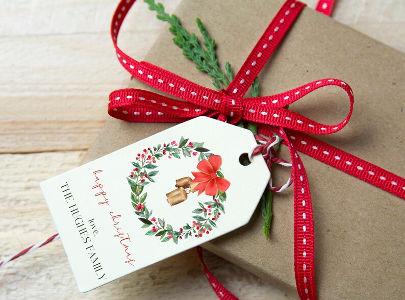 Wreath and Bell Gift Tags, Personalized Christmas Tags, Printed Holiday ...