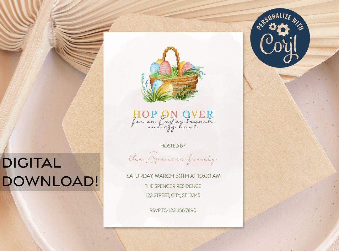 Hop on Over Easter Brunch Invitation, Easter Brunch Invite, Easter Invitation, Easter Egg Hunt ...