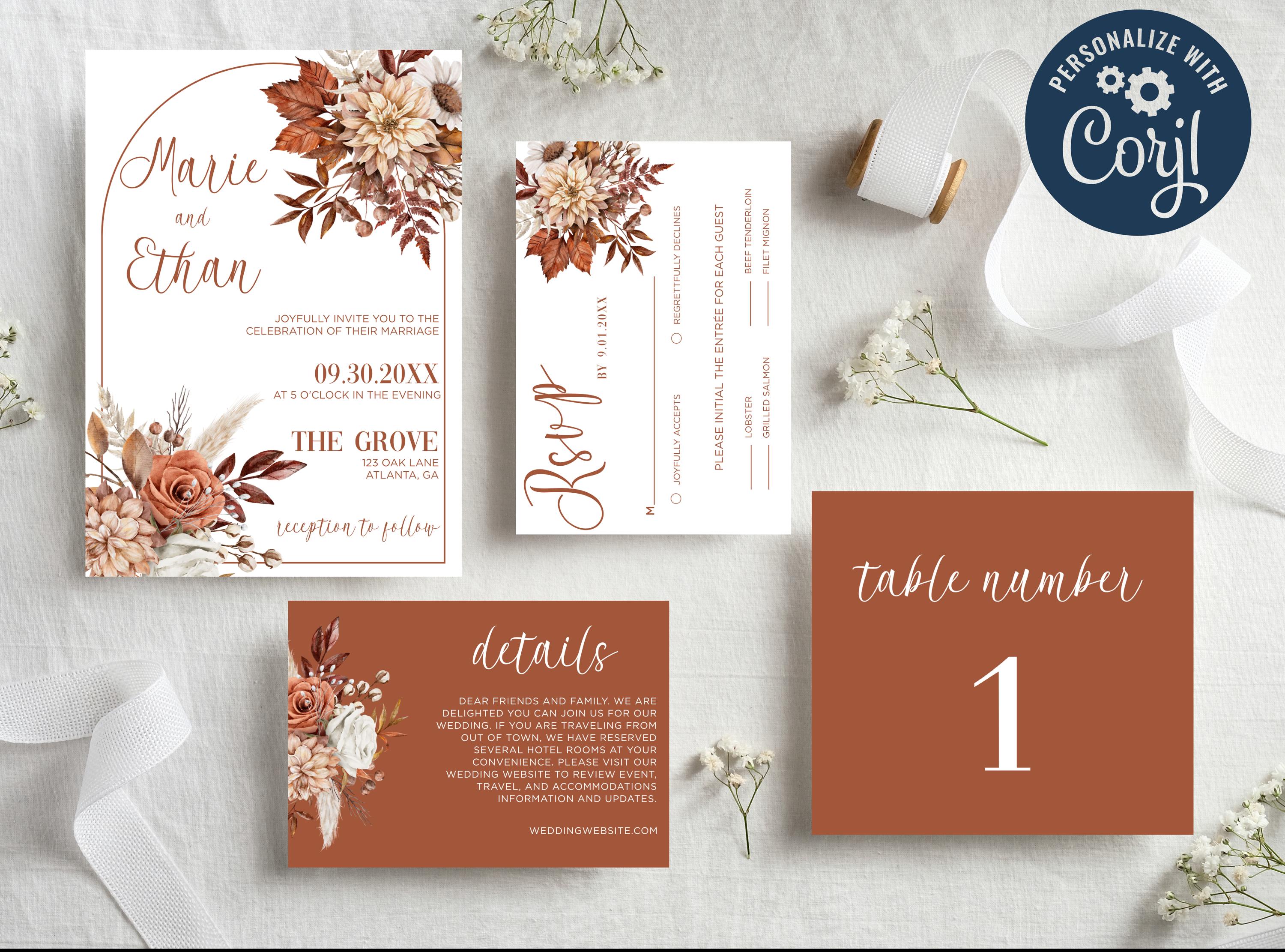 Boho Wedding Invitation Set, Printable Arch Wedding Invitation Template ...