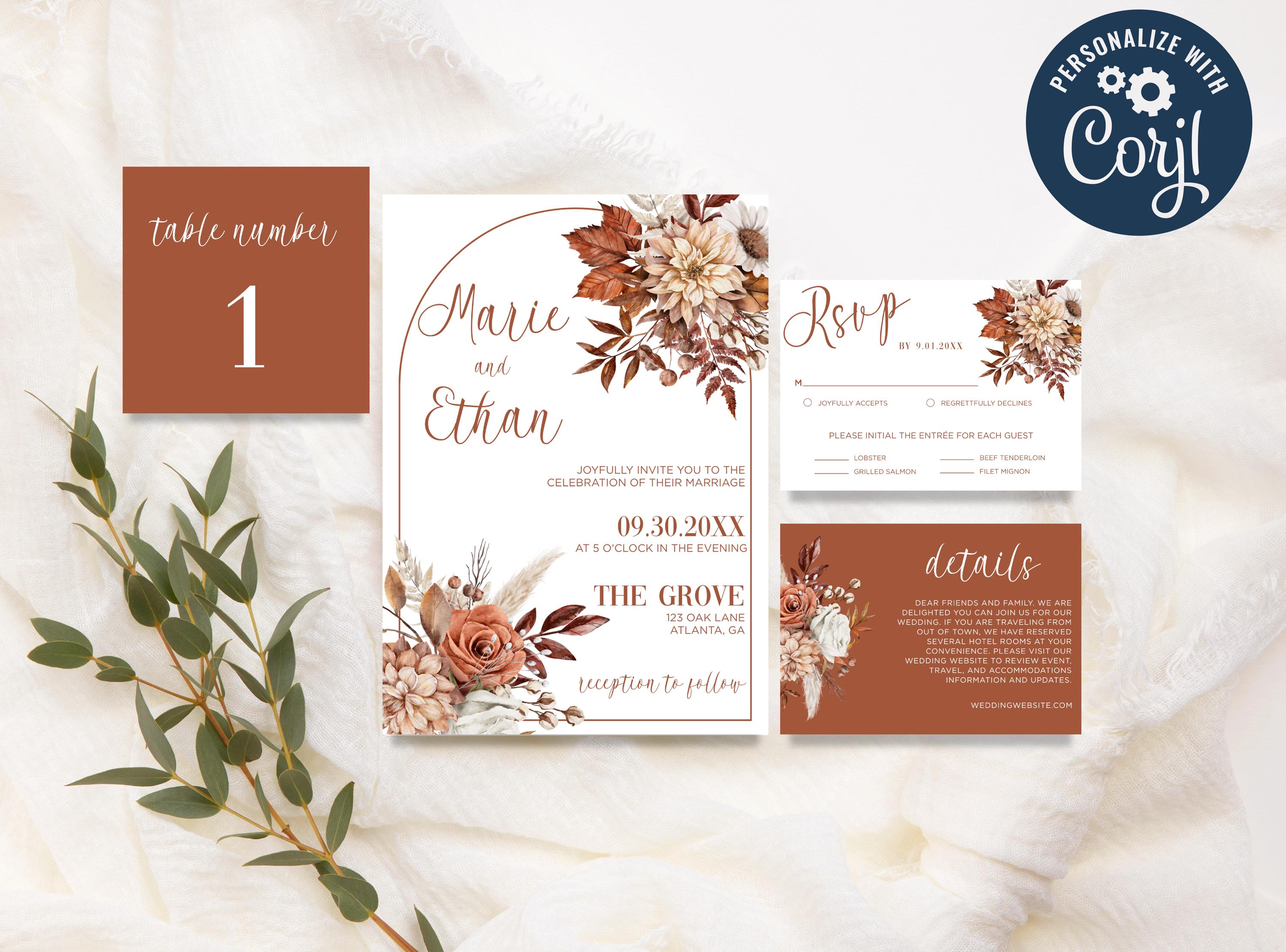 Boho Wedding Invitation Set, Printable Arch Wedding Invitation Template ...