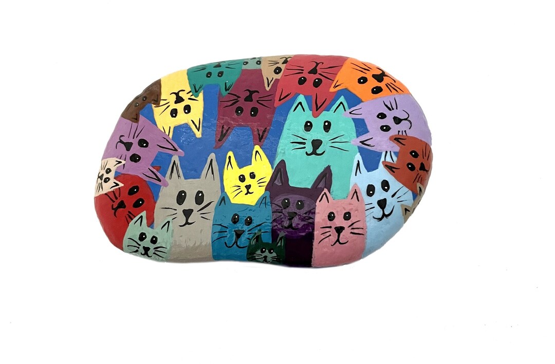 Cat Painted Rock Lots of Cat Faces Painted Rock - Etsy