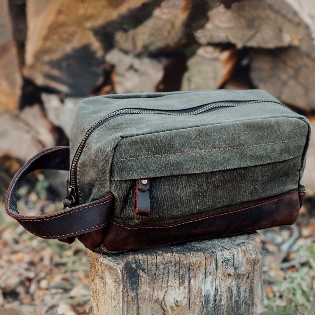 Personalized Leather and Waxed Canvas Dopp Kit, Toiletry Case, Men's ...