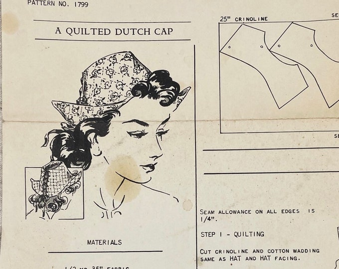 Mail Order 1799 - Original 1940s Quilted Dutch Cap Hat Pattern ...