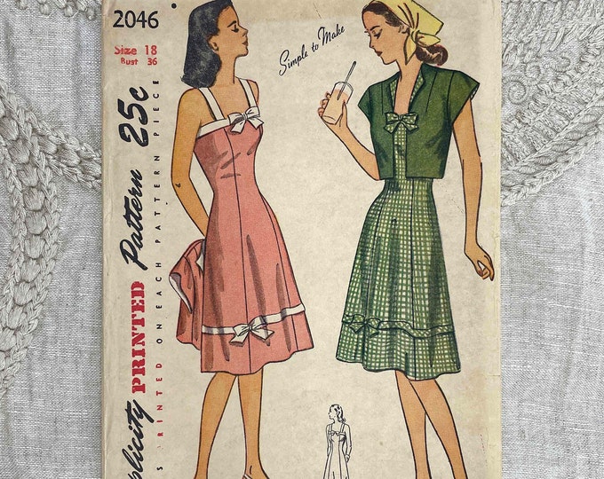 Simplicity 2046 1940s Sundress and Bolero Jacket Pattern Size 18 36 ...