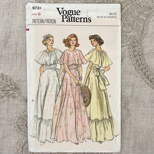 Vogue 9731 1970s Romantic Prairie Capelet Dress Pattern Size 6 60.5 ...