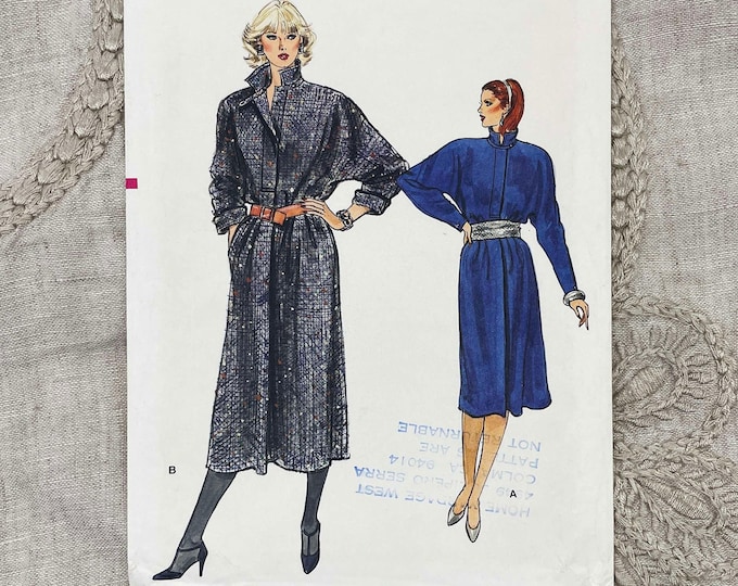 Vogue 8768 - 1980s A Line Coat Dress With Dolman Sleeves and Standing ...