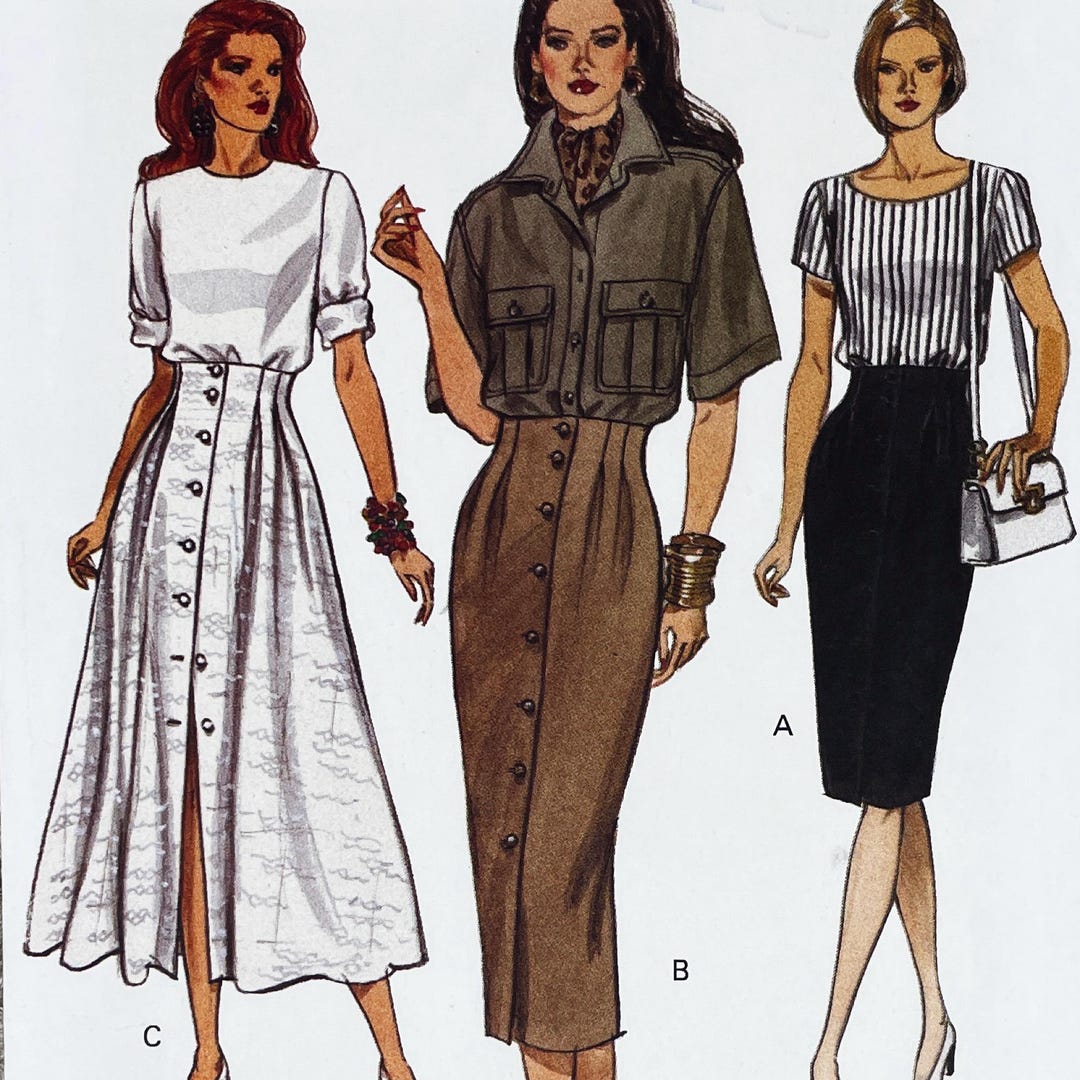 Vogue 8640 1990s High Raised Waist Button-front Skirt Pattern Size 8-12 ...