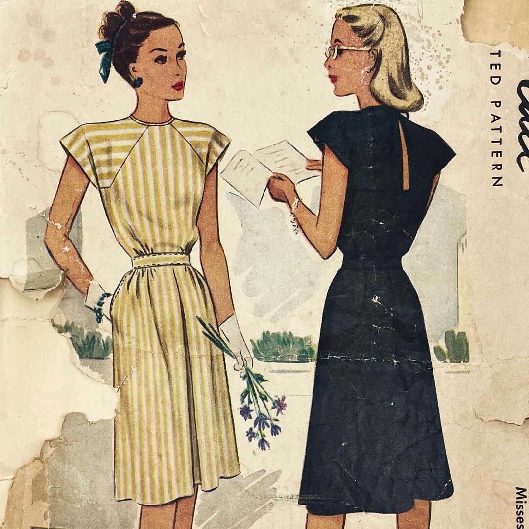 Mccall 6465 - Original 1940s Capped Raglan Sleeve Dress Pattern With ...