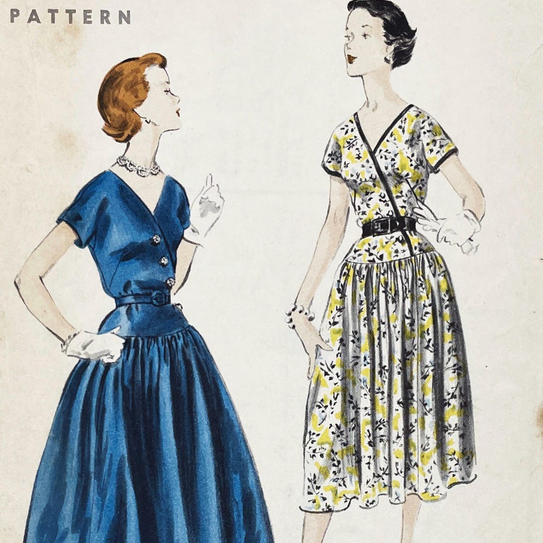 Vogue 3500 - 1950s Diagonal Button, Drop Waist Dress Sewing Pattern ...
