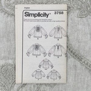 Simplicity 3758 - Front Lacing Poet Shirt Pattern - Size XS-XL (30-48 ...