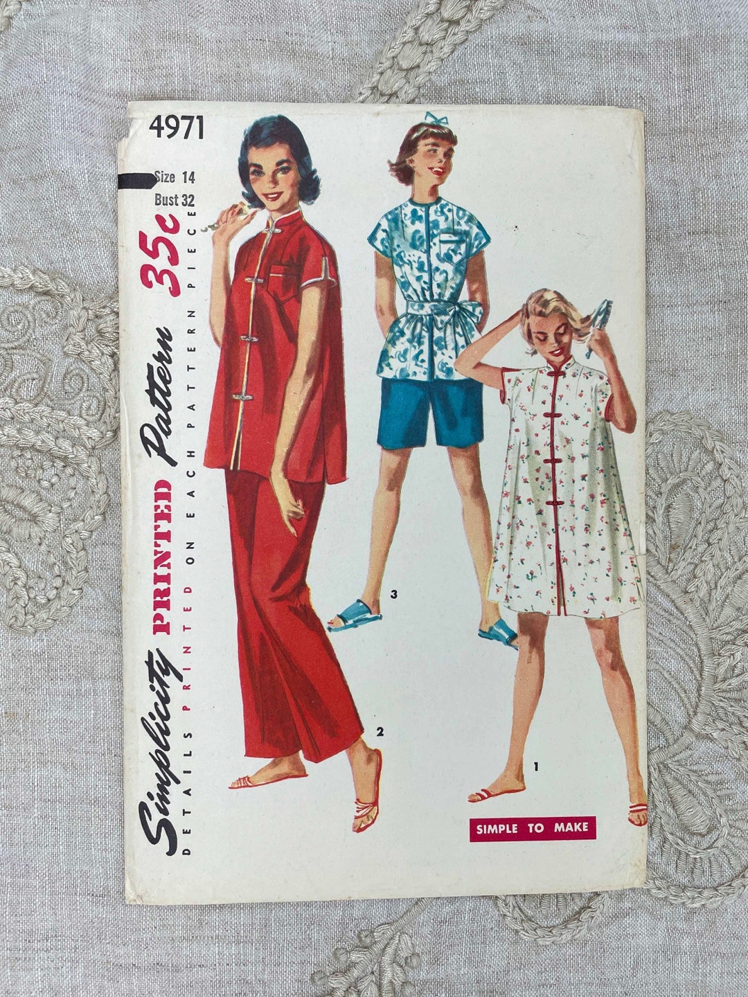 Simplicity 4971 1950s Pajama Set With Mandarin Collar - Etsy