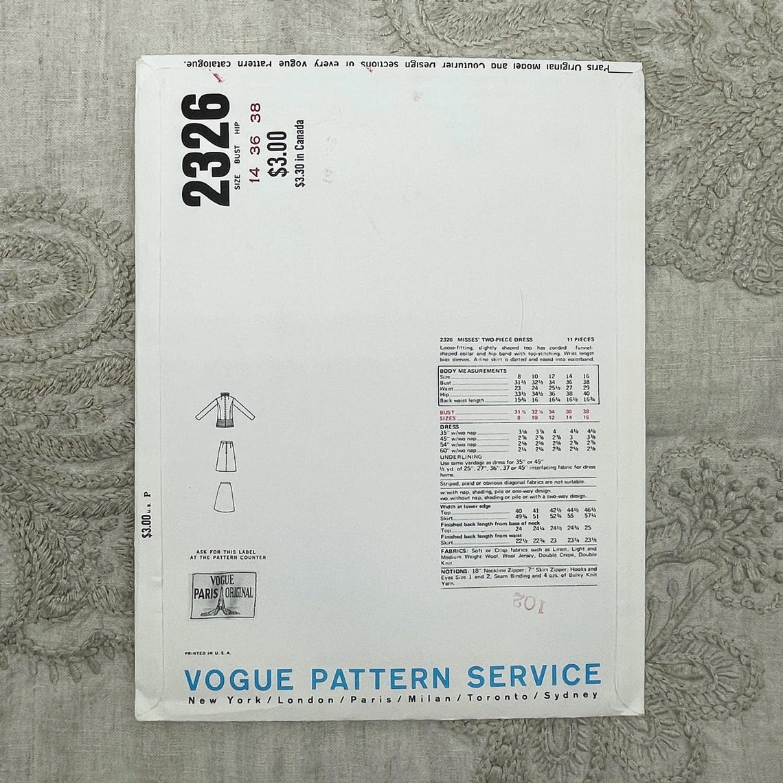 Vogue 2326 - Pierre Cardin 1970 Corded Two-piece Dress Pattern - Size ...