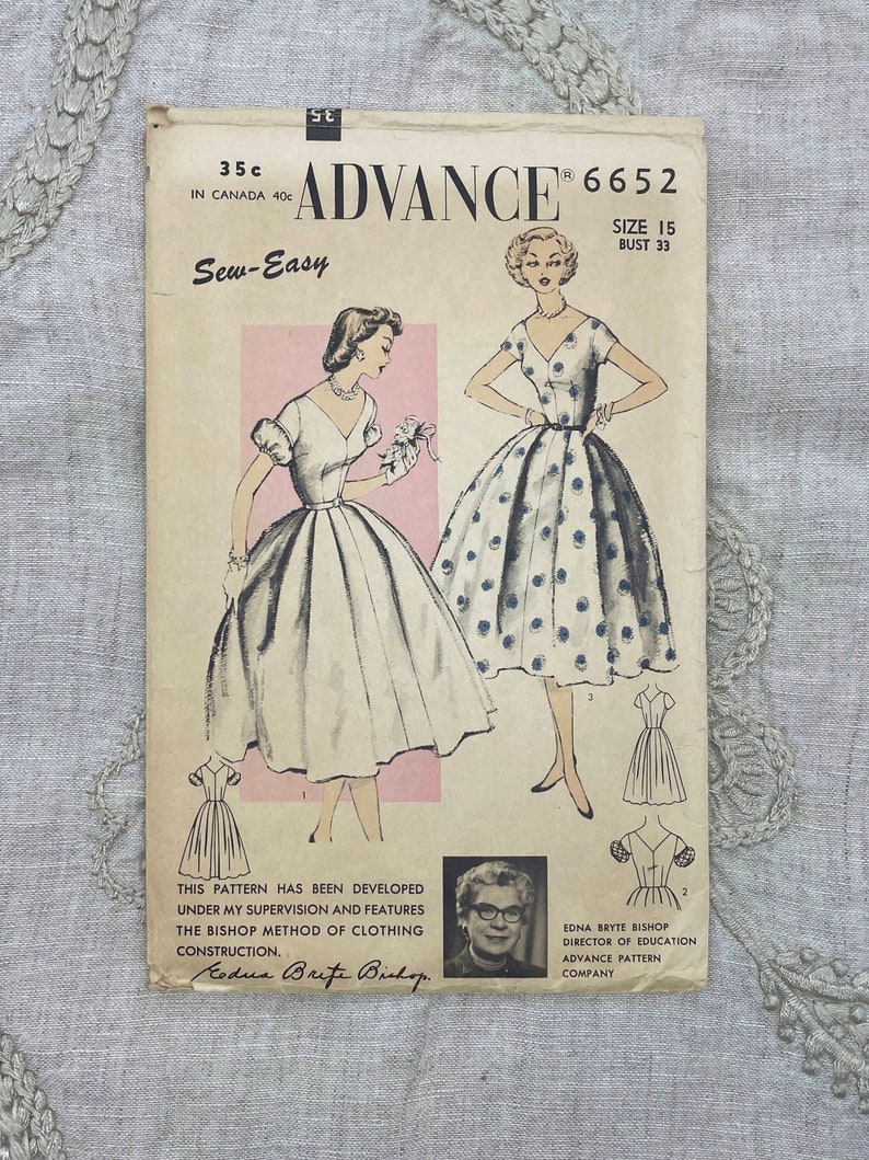 Advance 6652 - 1950s Edna Bishop Unusually Puffed Sleeve, Elegant V ...