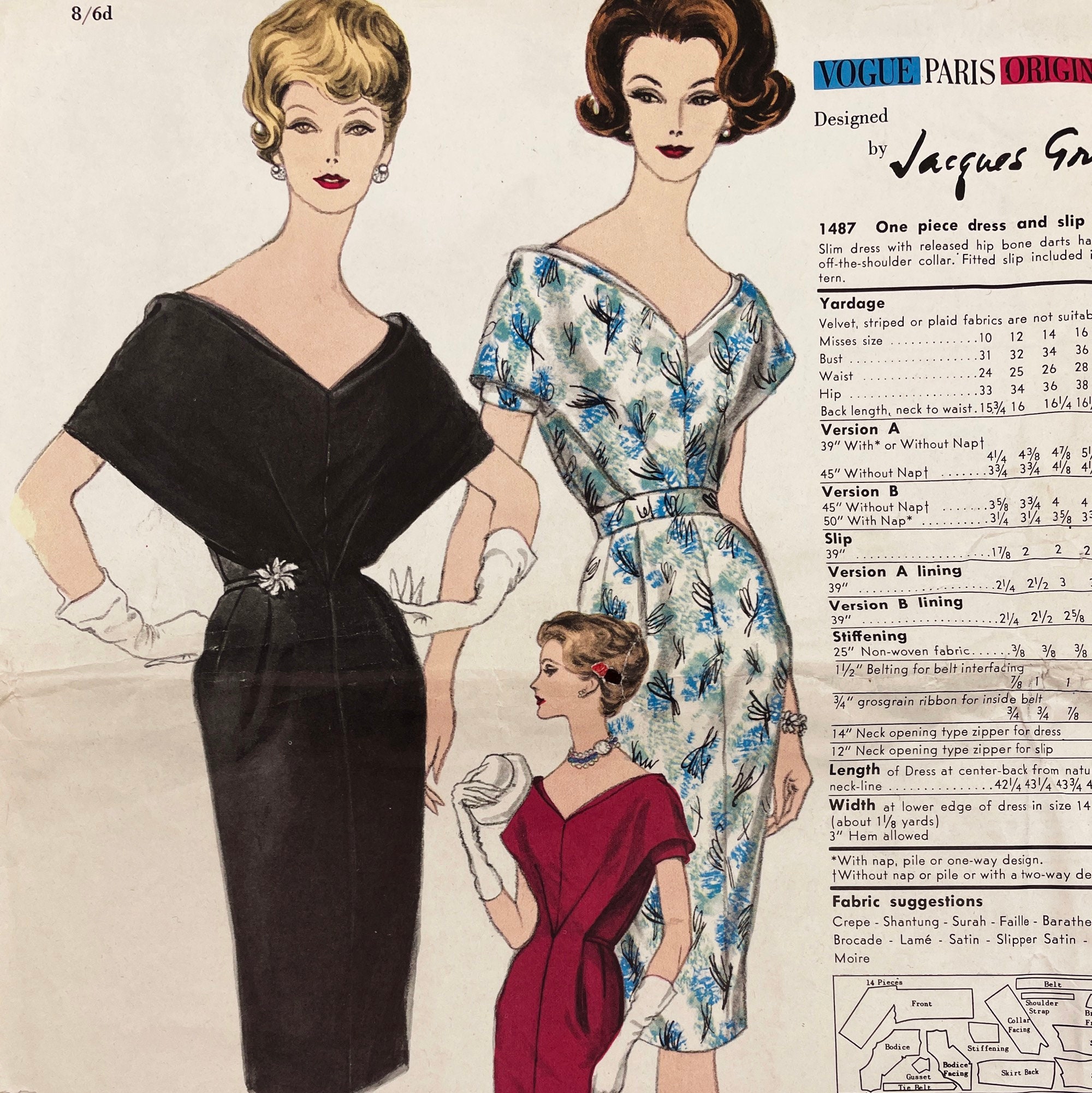 Vogue 1487 - Jacques Griffe Rare Off-the-shoulder Dress and Fitted Slip ...