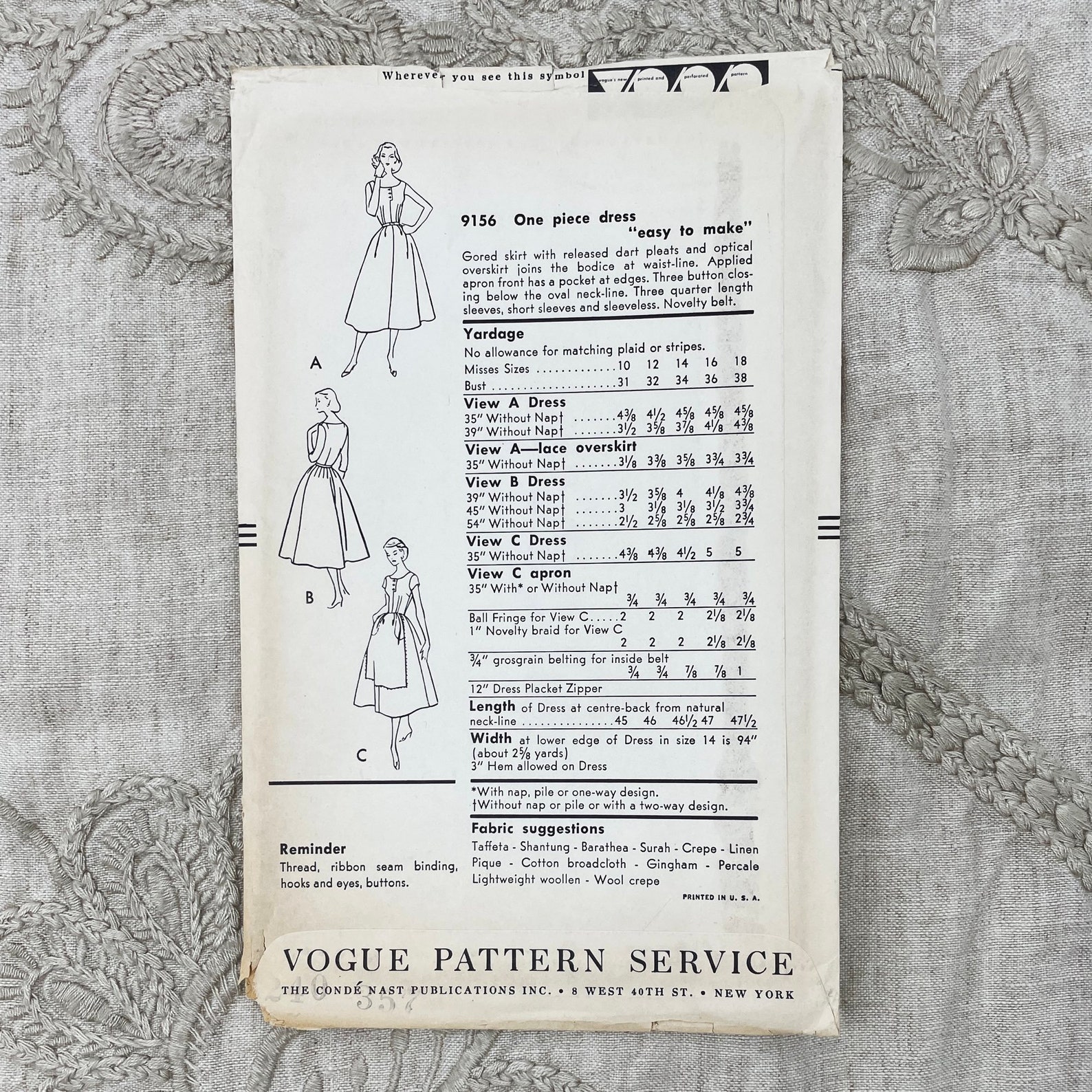 Vogue 9156 - 1950s Apron Dress Sewing Pattern - Size 10 (31") - Uncut ...
