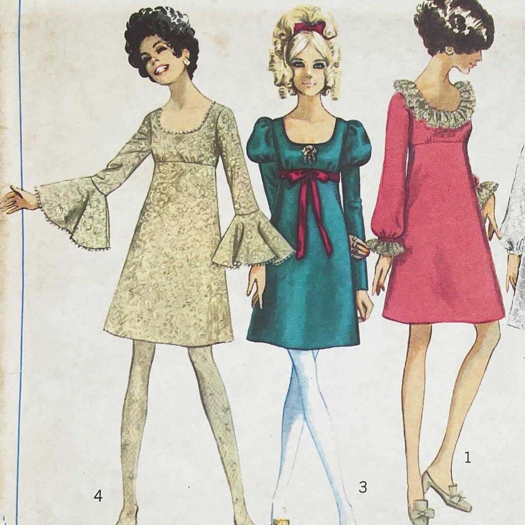 Simplicity 7895 1960s Empire Waist Dress Pattern With Ruffled, Mutton ...