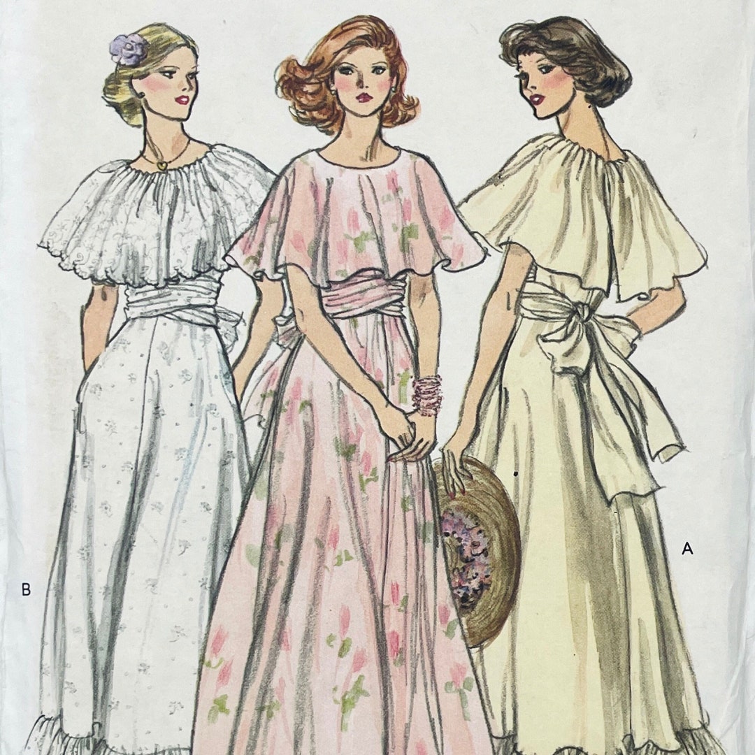 Vogue 9731 1970s Romantic Prairie Capelet Dress Pattern Size 6 60.5 ...