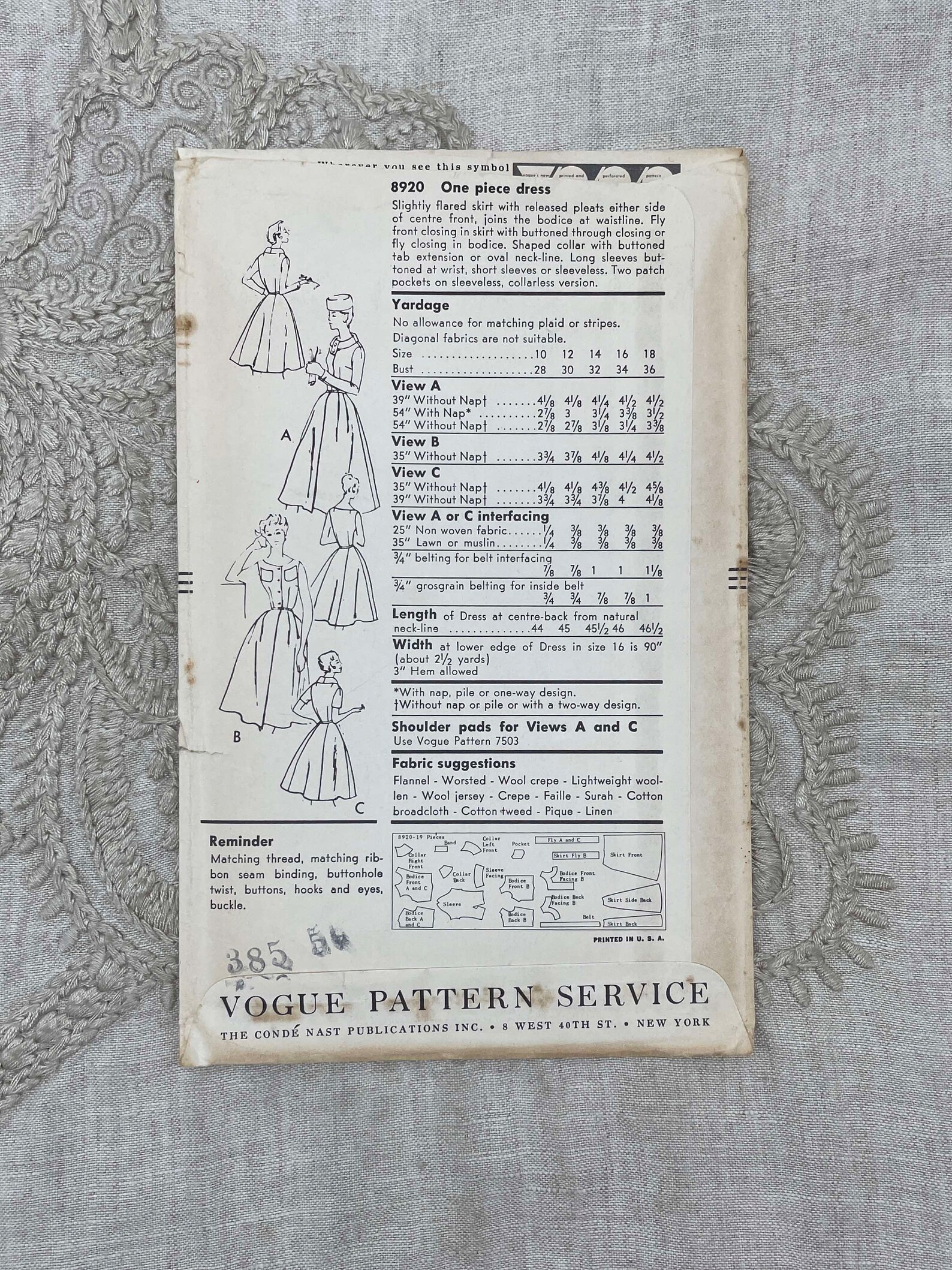 Vogue 8920 - 1950s Flared Skirt Shirtwaist Dress With Shaped Collar or ...