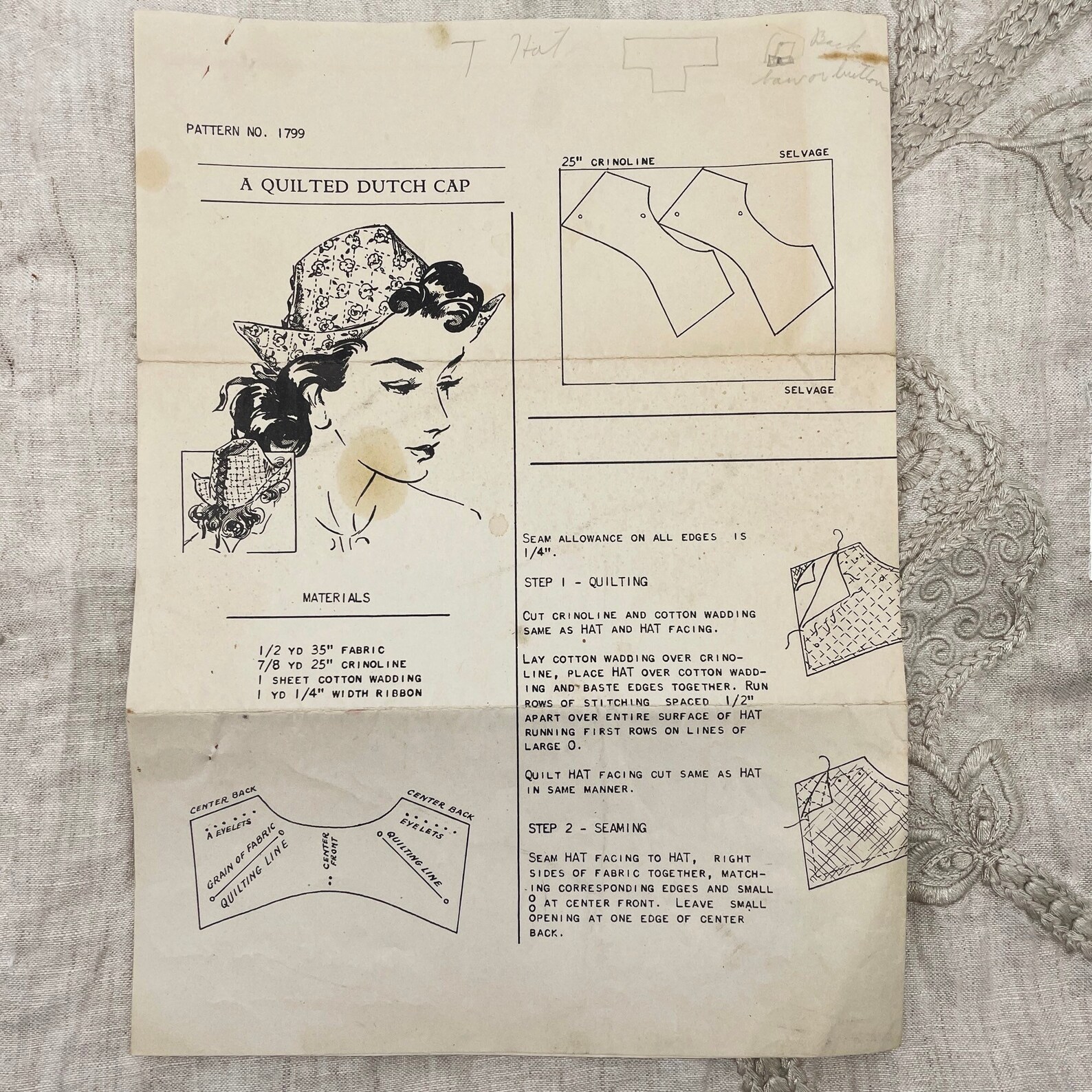Mail Order 1799 Original 1940s Quilted Dutch Cap Hat Pattern Factory ...