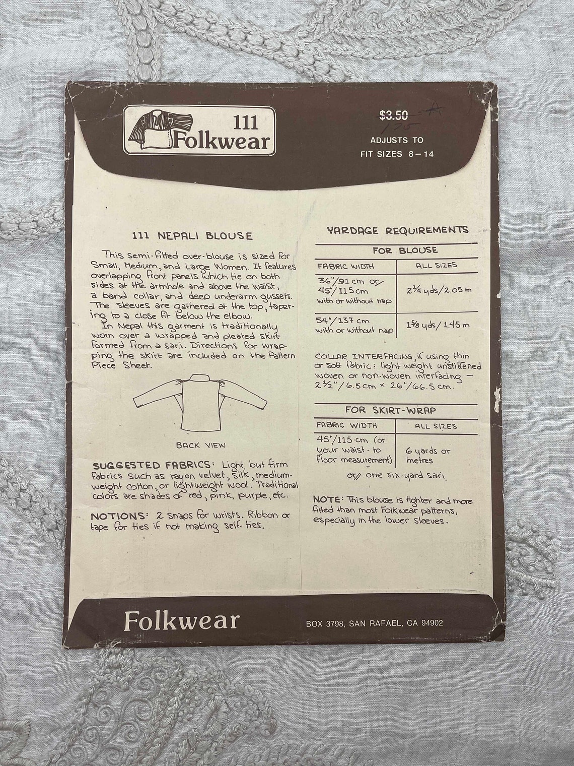 Folkwear 111 - Nepali Blouse Sewing Pattern - Size S-L (31.5-36 ...