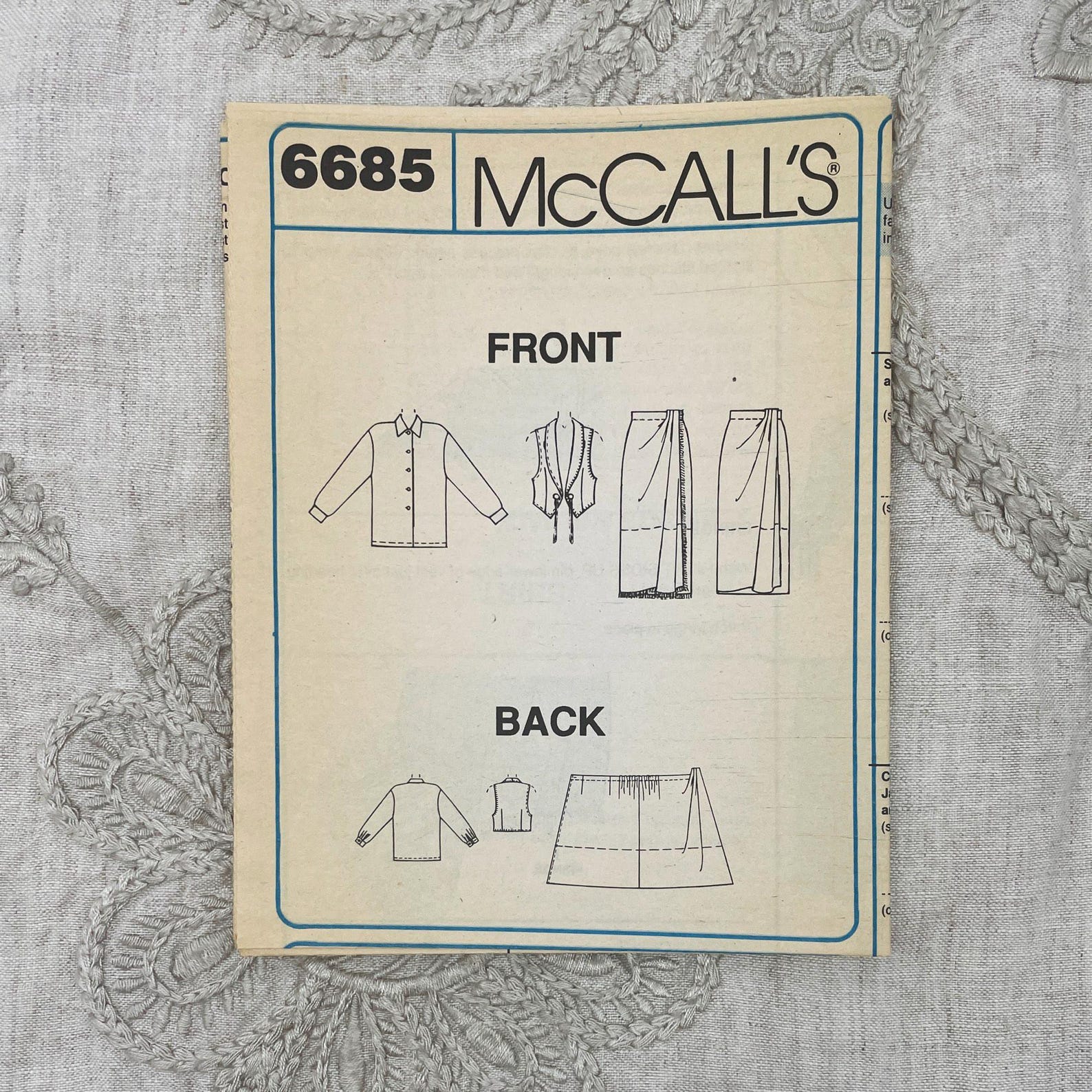 Mccall's 6685 - 1990s Wrap Skirt, Vest and Blouse Sewing Pattern - Size ...