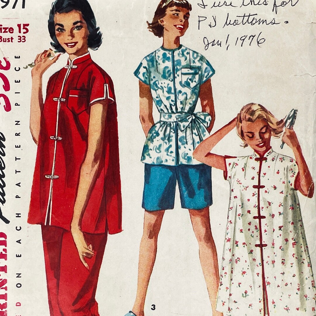 Simplicity 4971 - 1950s Pajama Set With Mandarin Collar, Kimono Sleeves ...