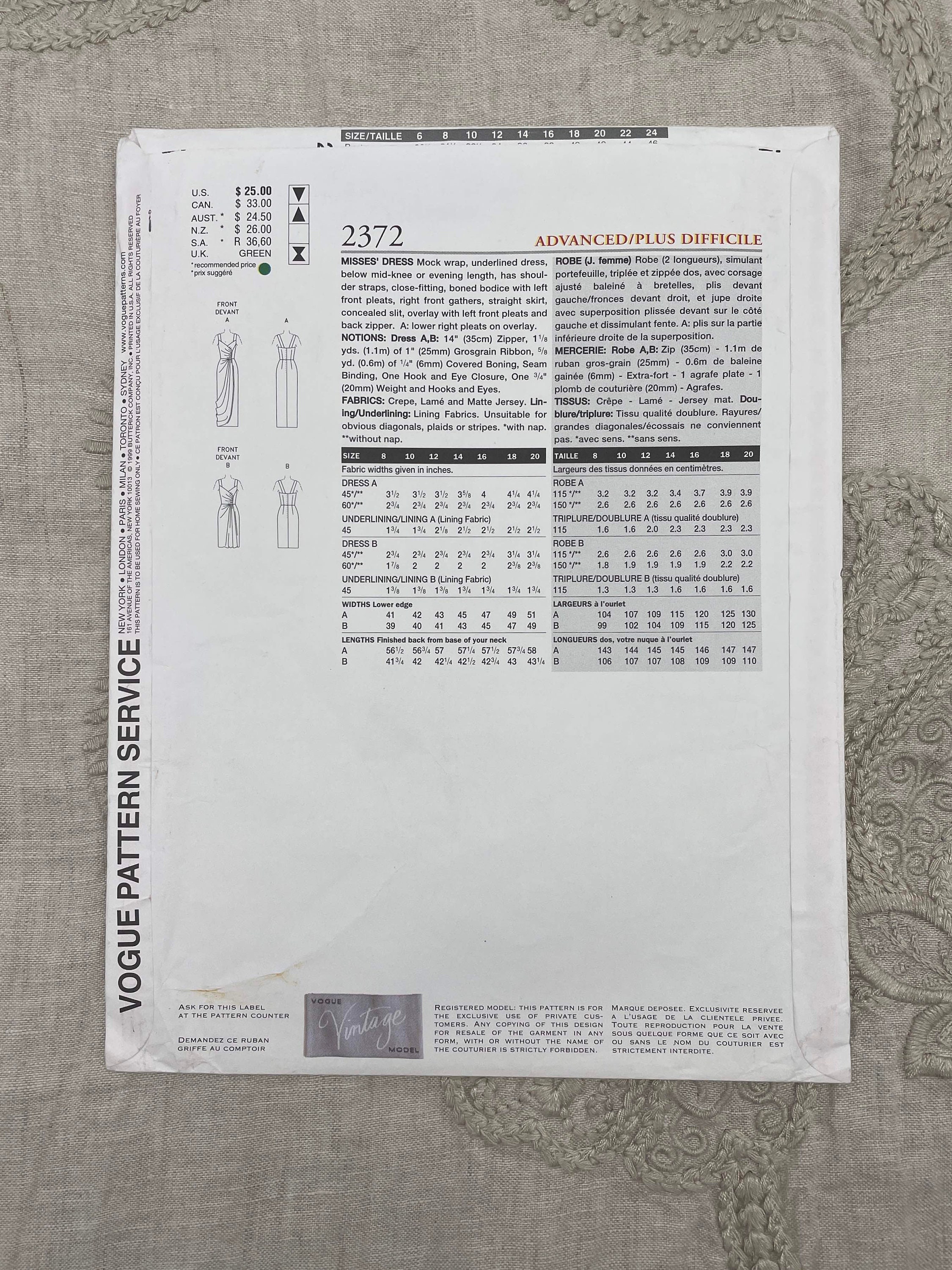 Vogue 2372 Reissued Draped 60s Gown Pattern Size 14 - Etsy Australia