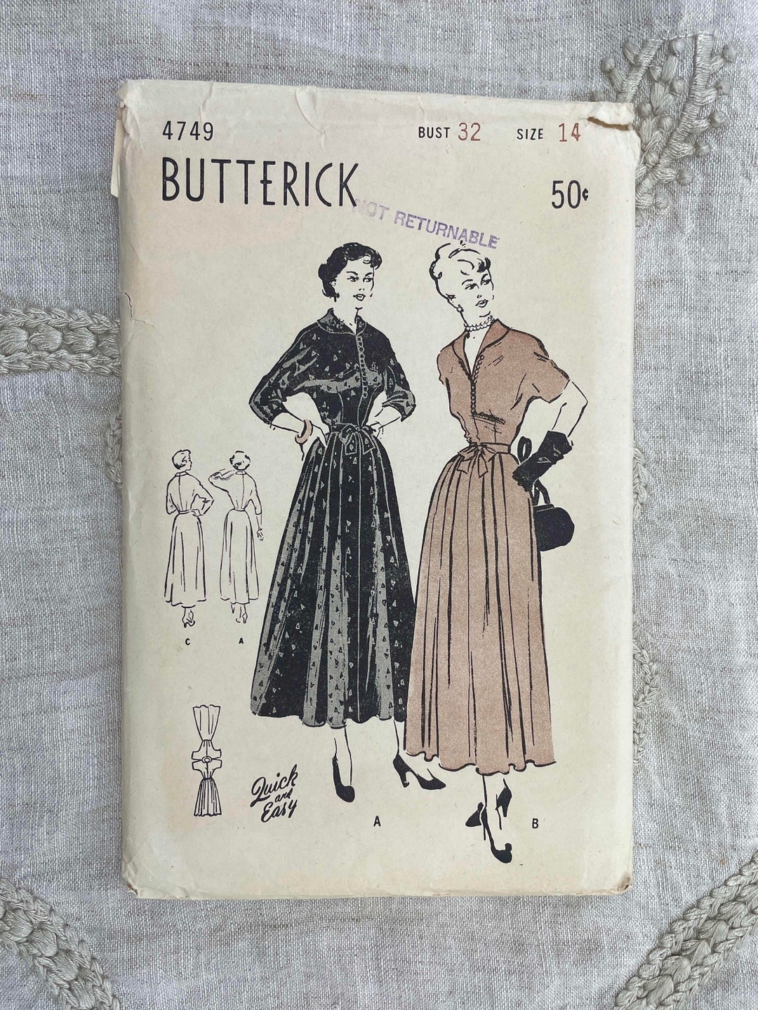 Butterick 4749 1940's Button-front Full Skirt Dress - Etsy