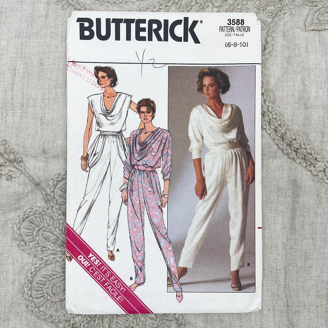 Butterick 3588 - 1980s Draped Cowl Neck Blouse and Draped Tapered Pants ...