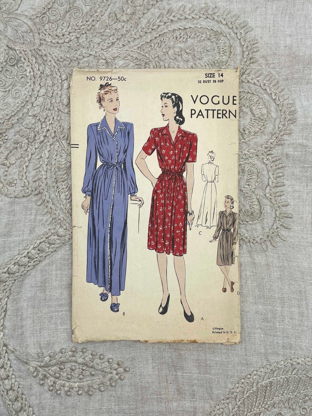 Vogue 9726 Original 1940s easy-to-make Dress or Housecoat Pattern Size ...