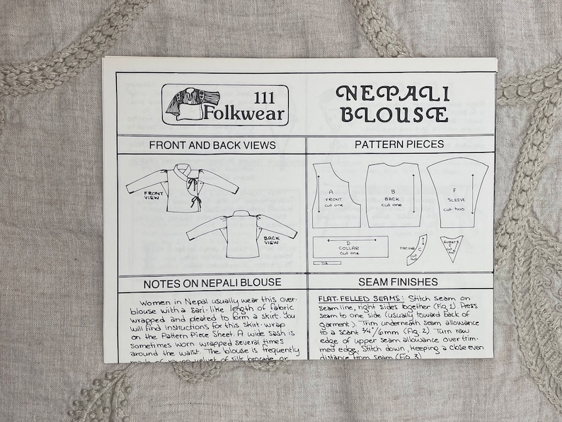 Folkwear 111 - Nepali Blouse Pattern - Size S-L (31.5-36") - Uncut (FF ...