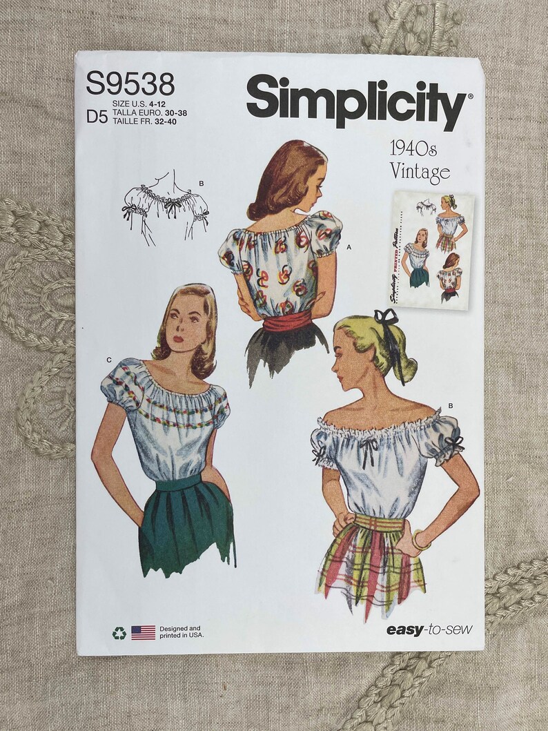 Simplicity 9538 Reissued 1940s Milkmaid Blouse Pattern - Etsy