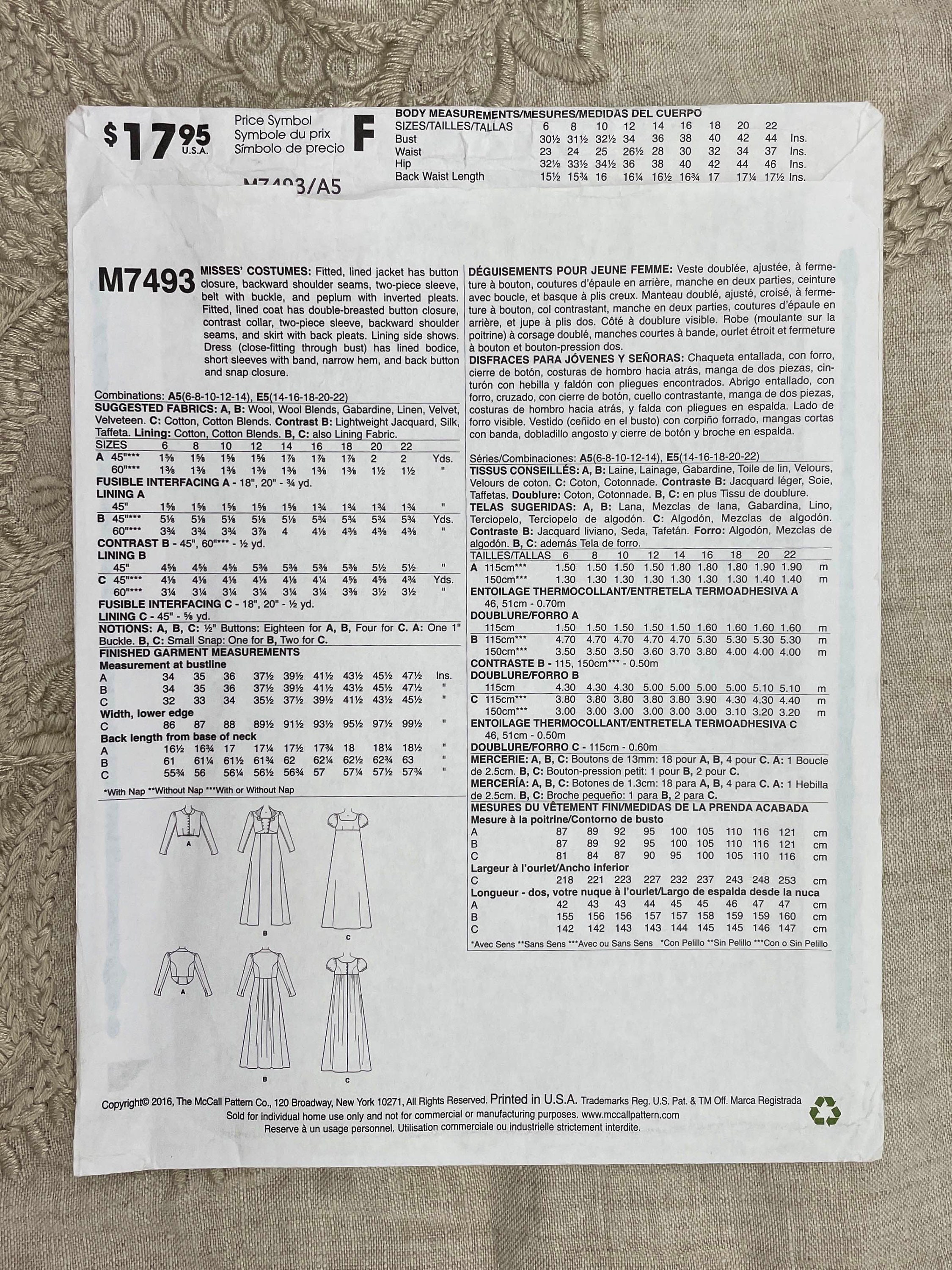 Mccall's 7493 Regency Empire Gown Pattern With Cropped - Etsy