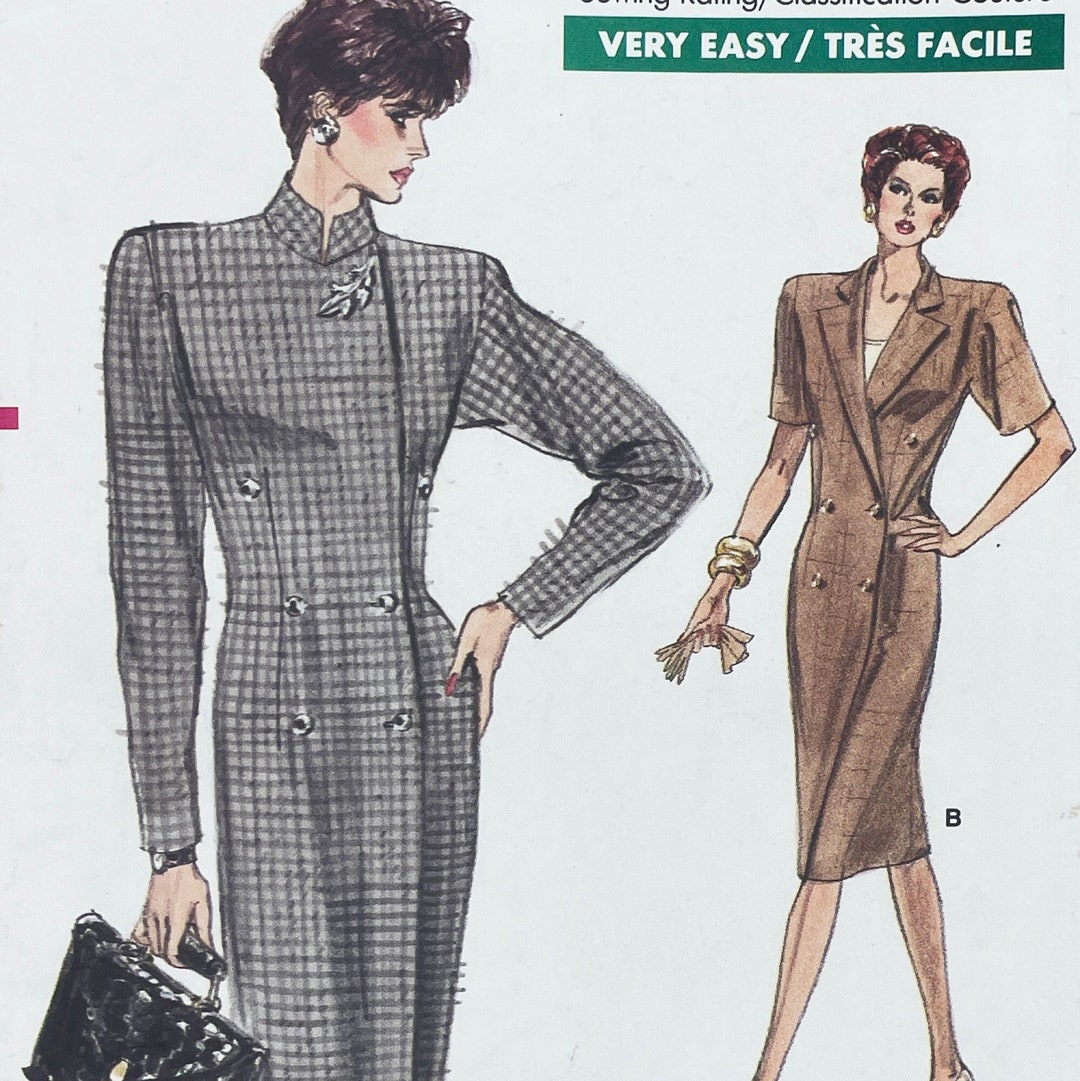 Vogue 7061 - 1980s Double Breasted Coat Dress Pattern With Convertible ...