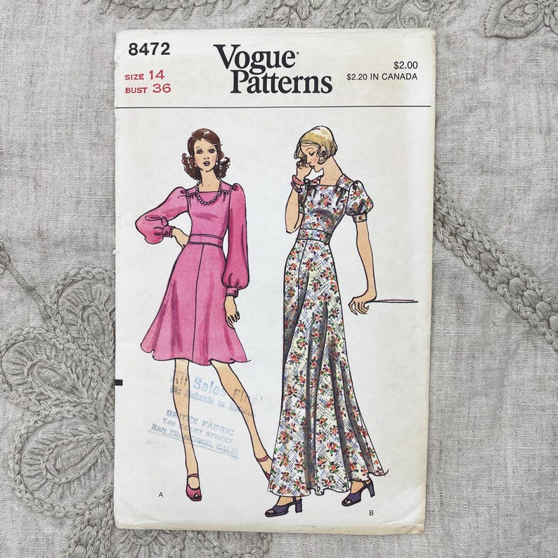 Vogue 8472 - 1970s Romantic Dress With Puffed Sleeves, Shoulder Yoke ...