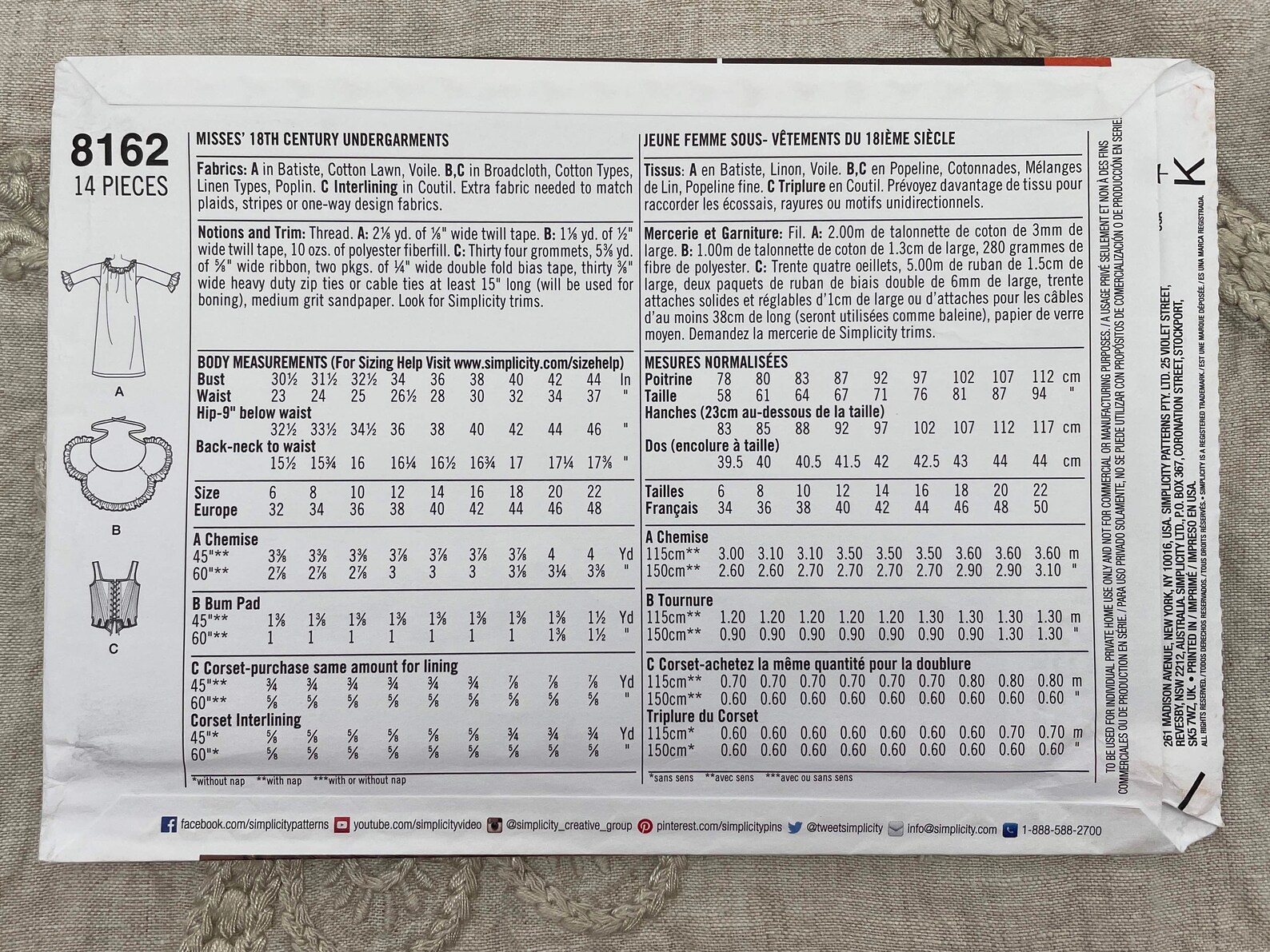 Simplicity 8162 18th Century Corset Shift and Bum Pad | Etsy