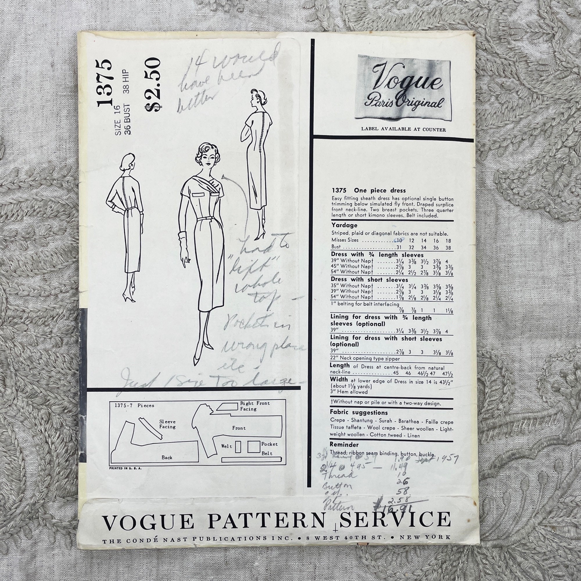Vogue 1375 - Nina Ricci Rare 1950s Draped Neckline Sheath Dress Pattern ...