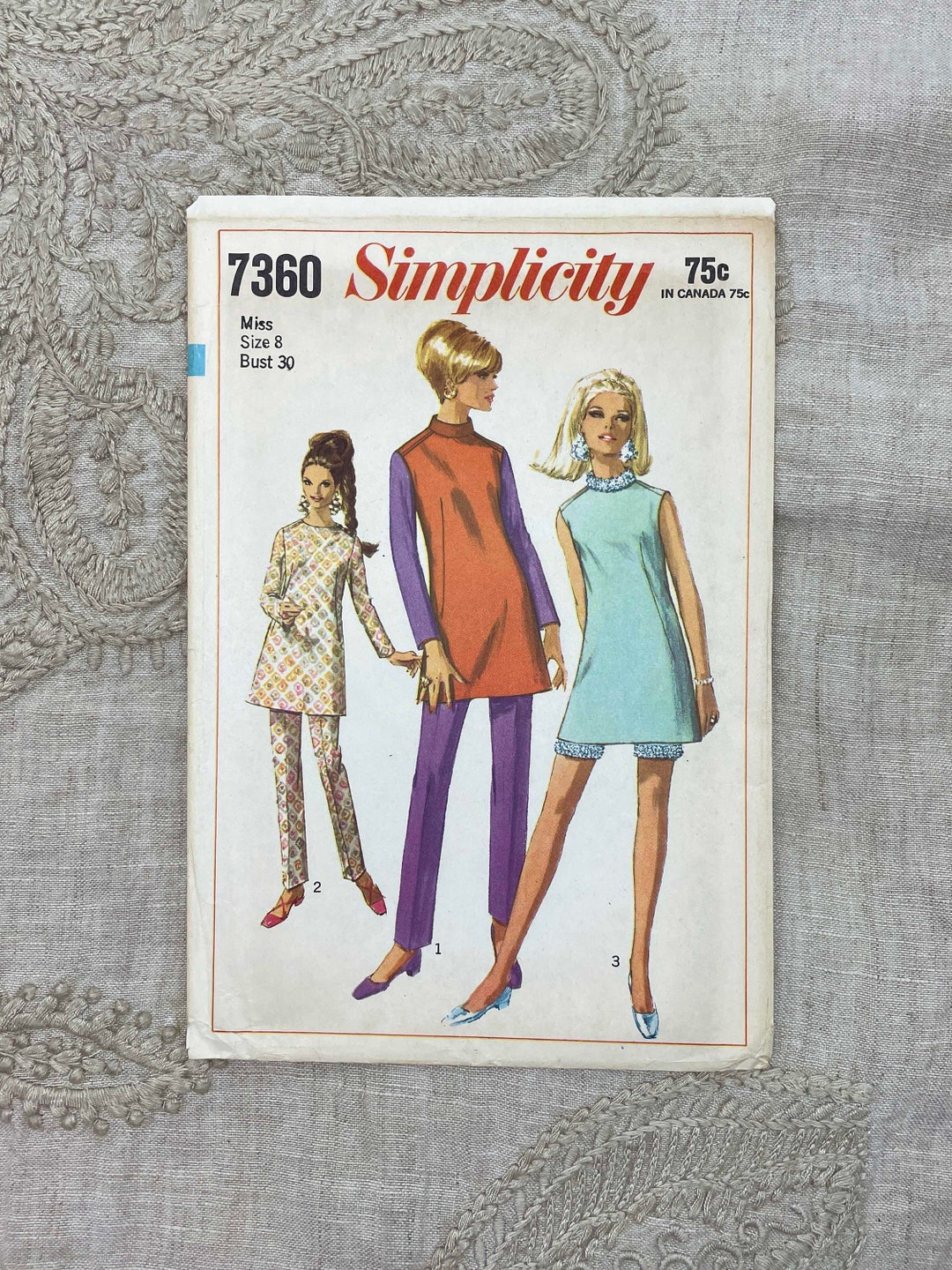Simplicity 7360 1960s Standing-collar Mini Dress or Tunic and Pants ...