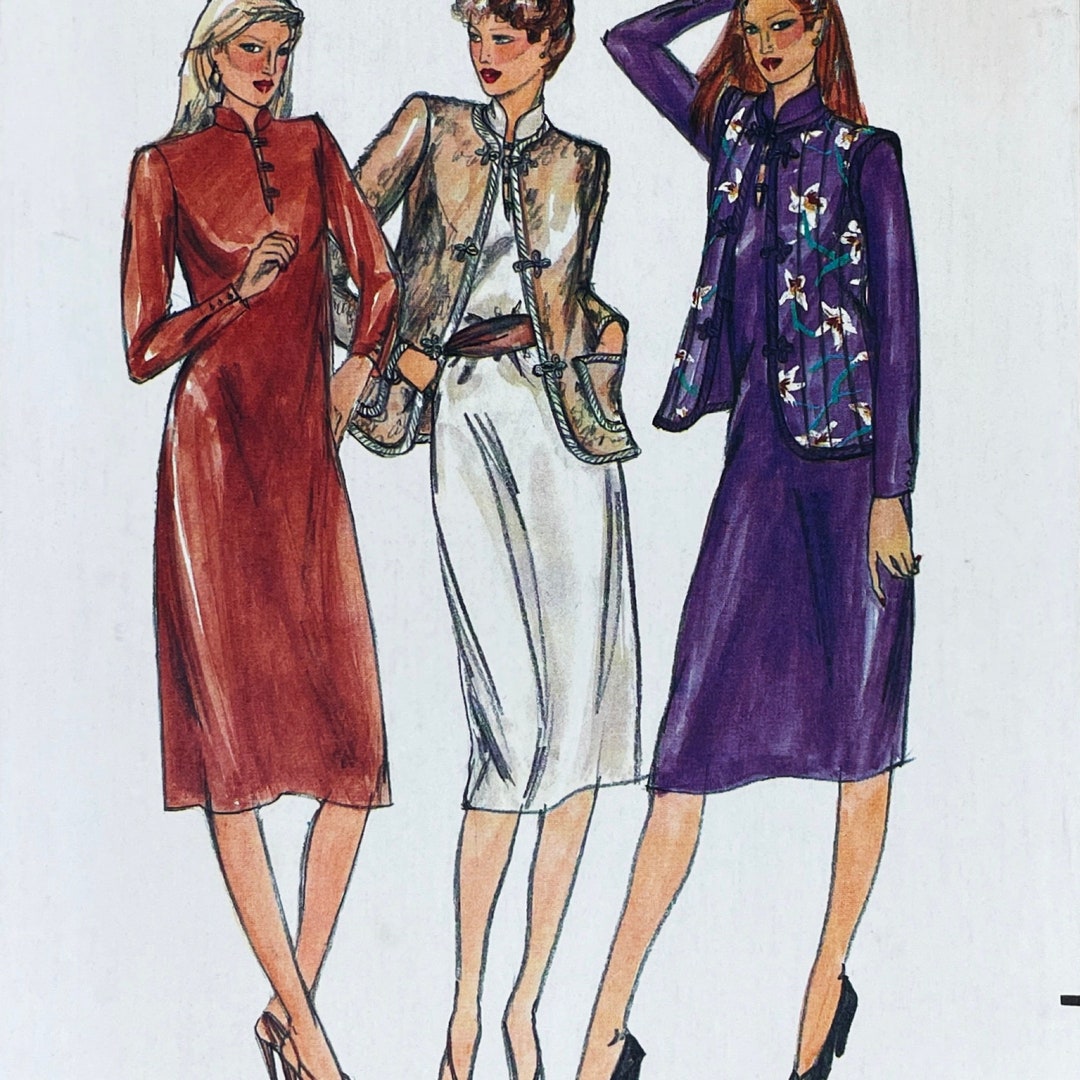 Butterick 3350 - 1980s Mandarin Collar Dress, Quilted Vest and Jacket ...
