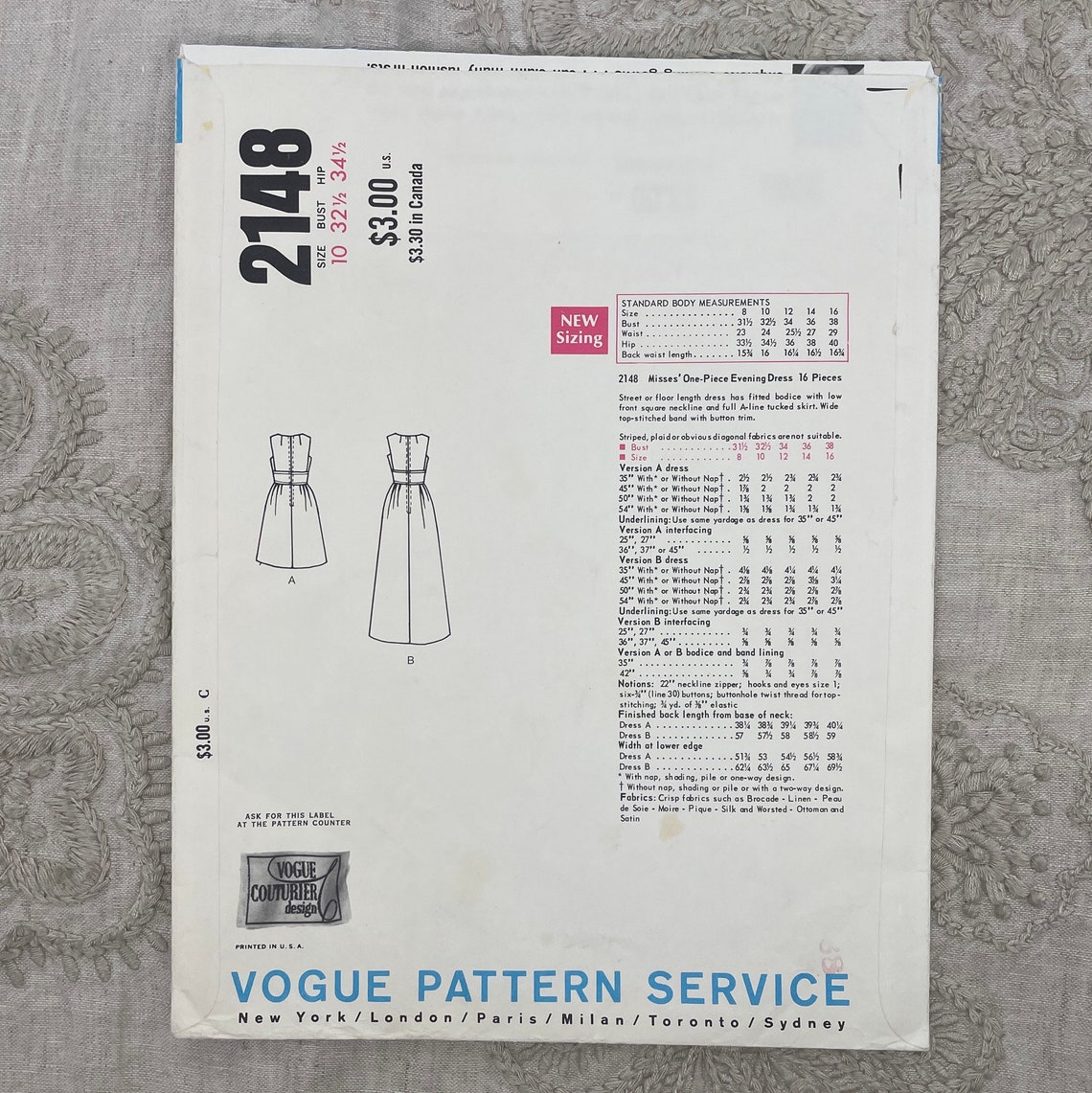 Vogue 2148 - Fabiani 1960s Empire Waist Evening Dress Sewing Pattern ...
